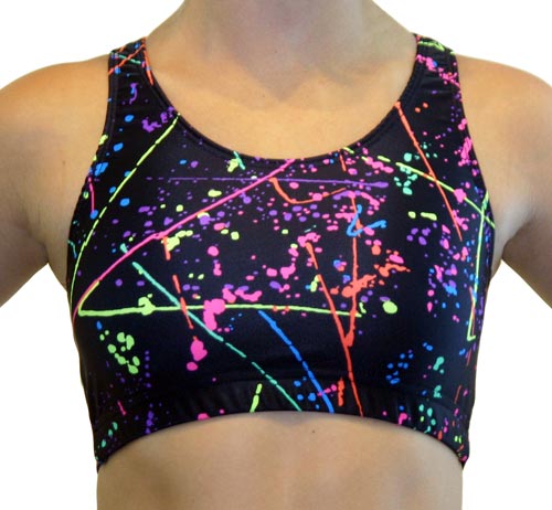 Black & Bright Neon Paint Splatter Pattern Spandex Athletic Sports Bra ...