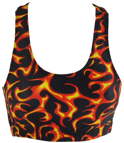 Bright Orange, Red & Yellow Flames Pattern Spandex Athletic Sports Bras ...