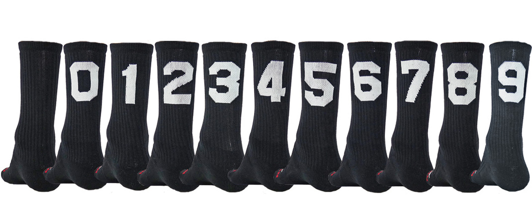 Solid Black Crew Sock with White Team Player Numbers (Sold Individually ...