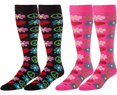 Woodstock Peace Sign Love & Flowers Twin-City Knee High KraziSox in 2 ...