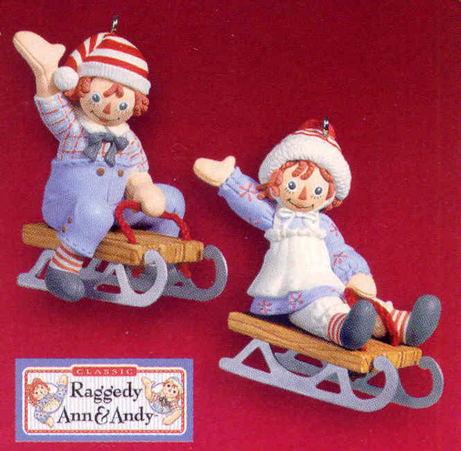 Raggedy Ann & Andy Holiday Sledding 2005 Hallmark Ornaments
