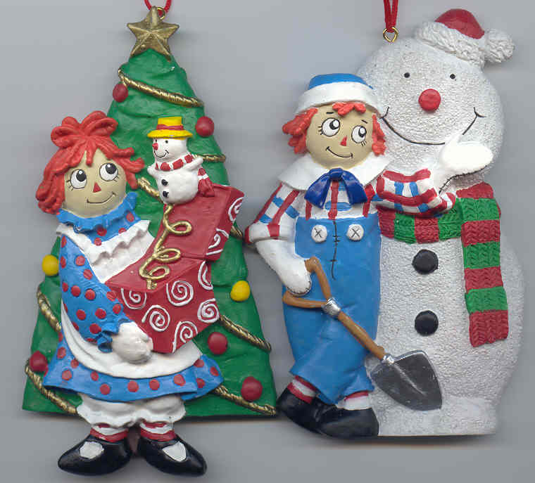 Raggedy Ann with Christmas Tree & Raggedy Andy with Snowman Vintage ...