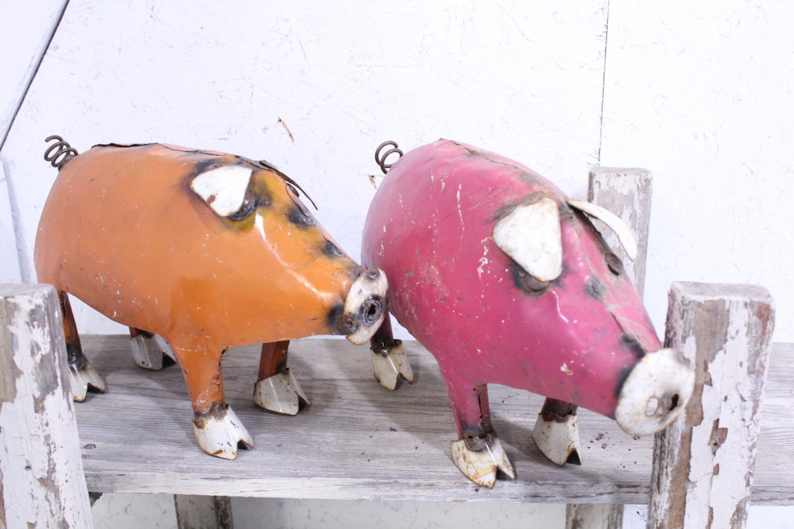 10" Metal Pigs Pink and Orange Colorful Swine Yard Art