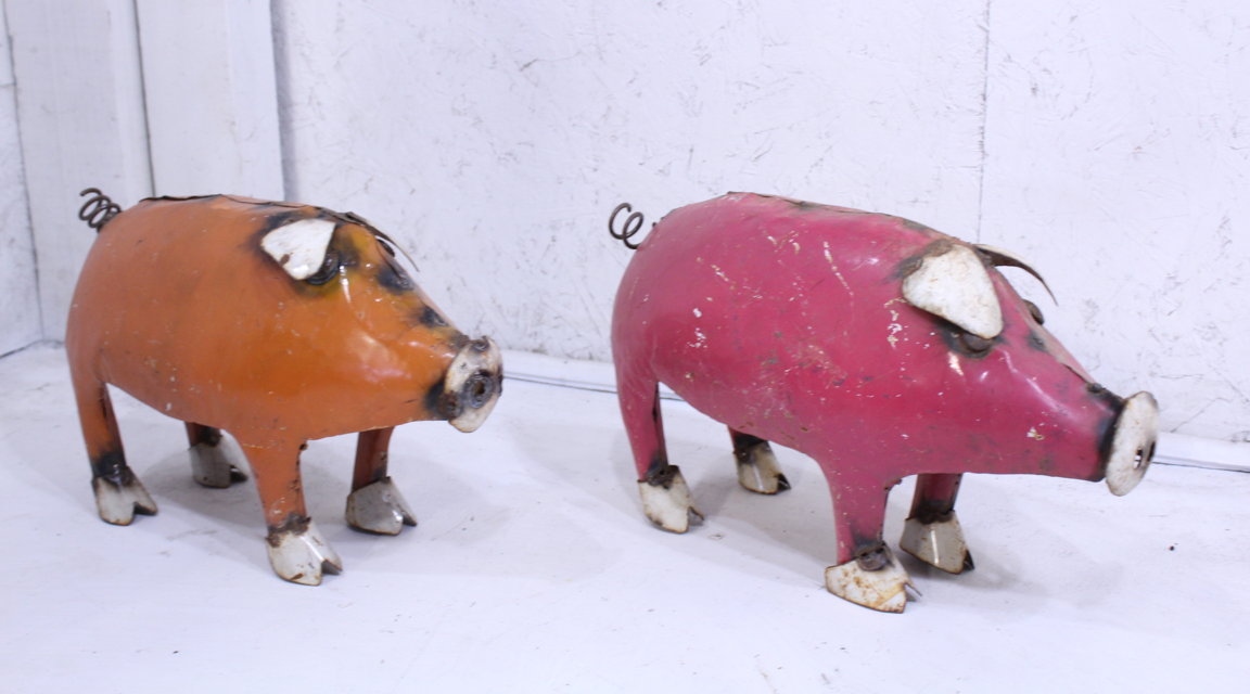 10" Metal Pigs Pink and Orange Colorful Swine Yard Art