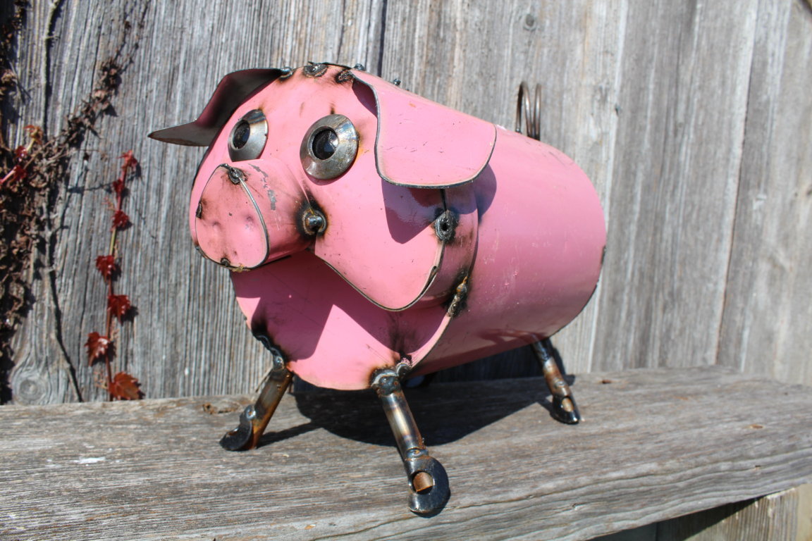 11" Large Soup Can Recycled Metal Pig Yard Art