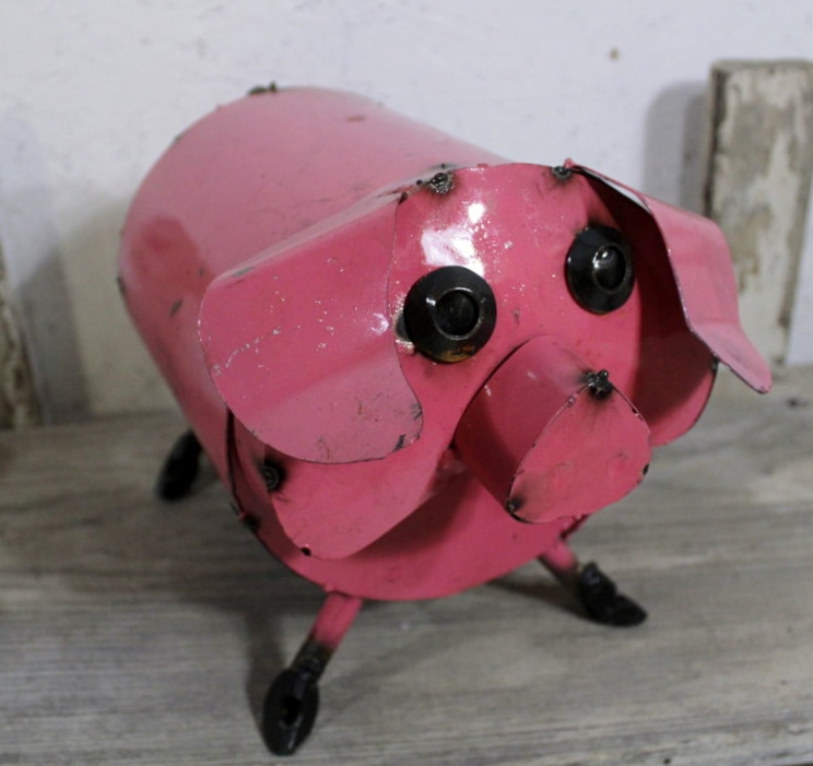11" Large Soup Can Recycled Metal Pig Yard Art