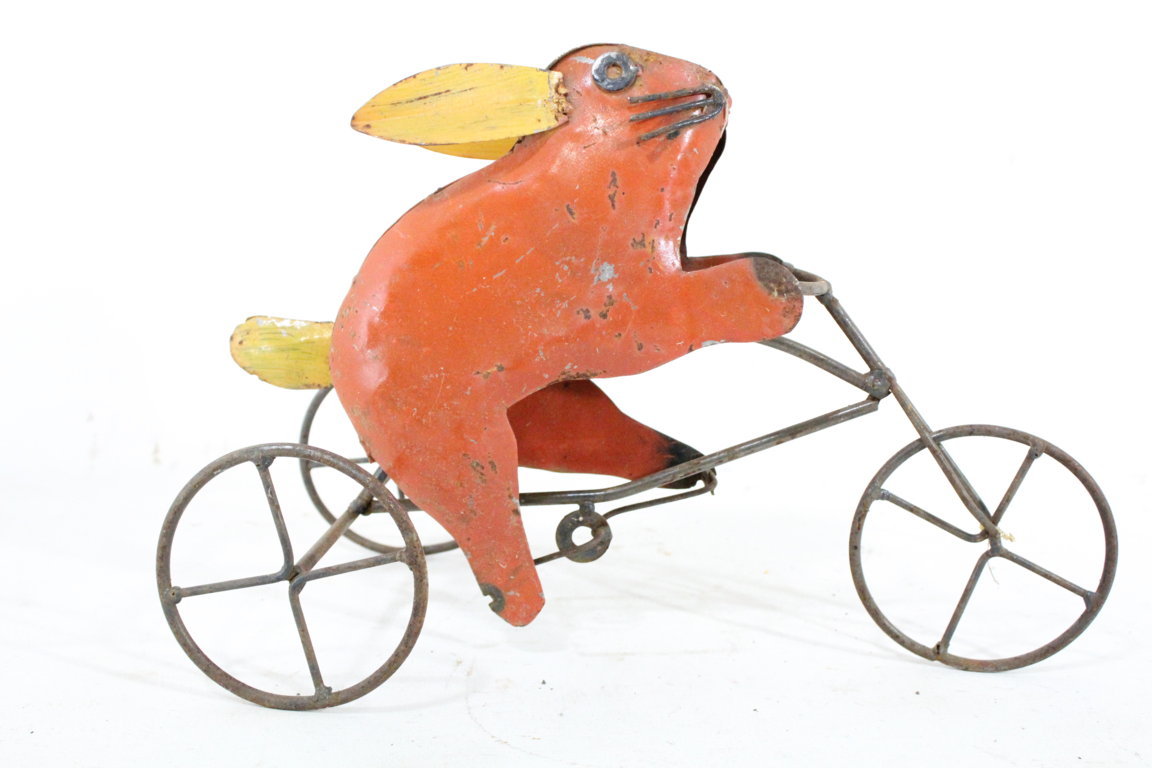11" Recycled Metal Rabbit on Bicycle