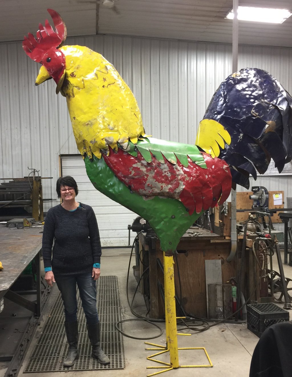 11' Tall Outdoor Yard Art Rooster - Metal Chicken Sculpture