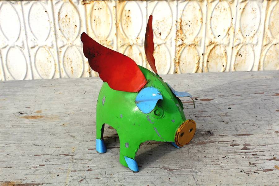 12" Metal Flying Pig Yard Art
