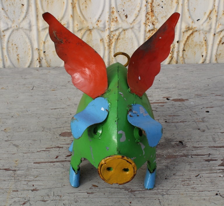 12" Metal Flying Pig Yard Art