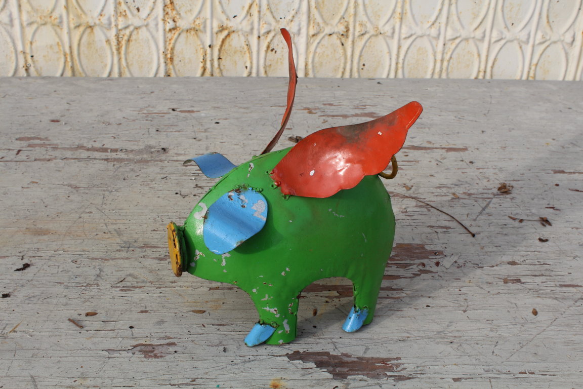 12" Metal Flying Pig Yard Art