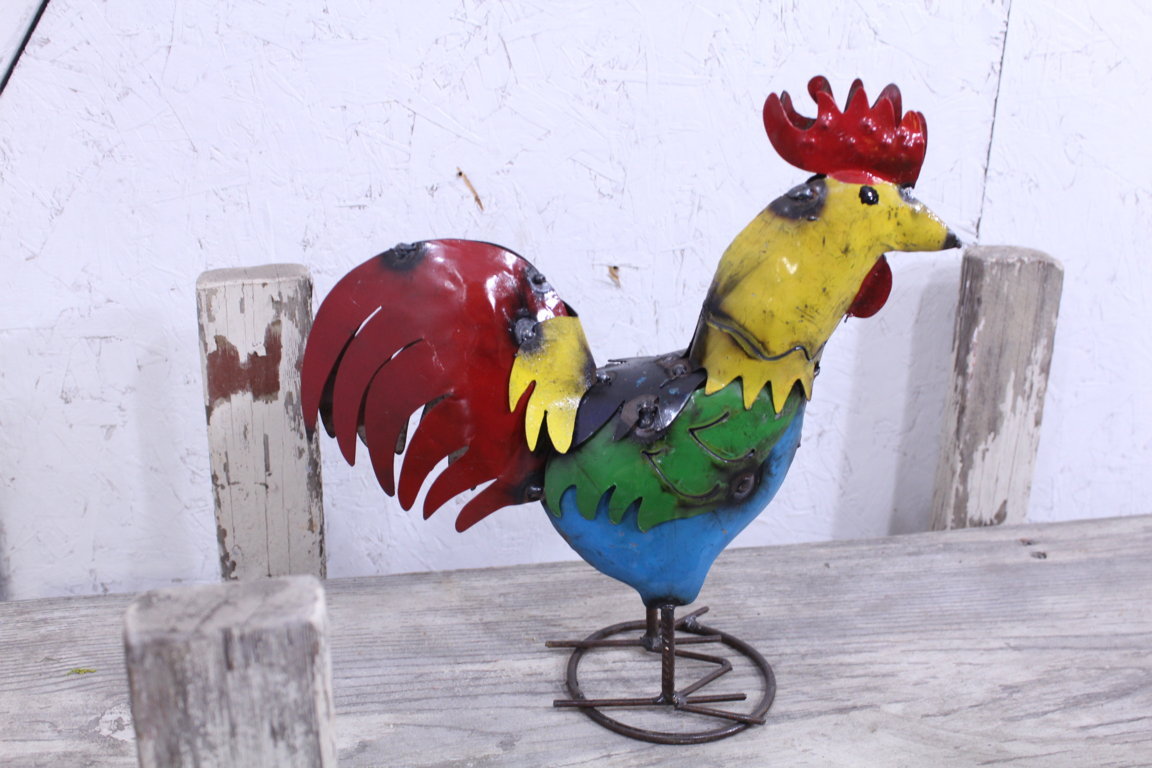 13" Colorful Metal Rooster Yard Art