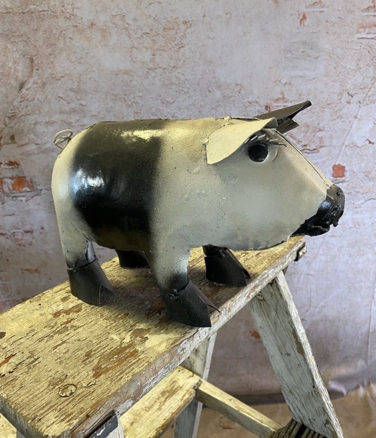 13" Recycled Metal Pig Yard Art Lawn Decor