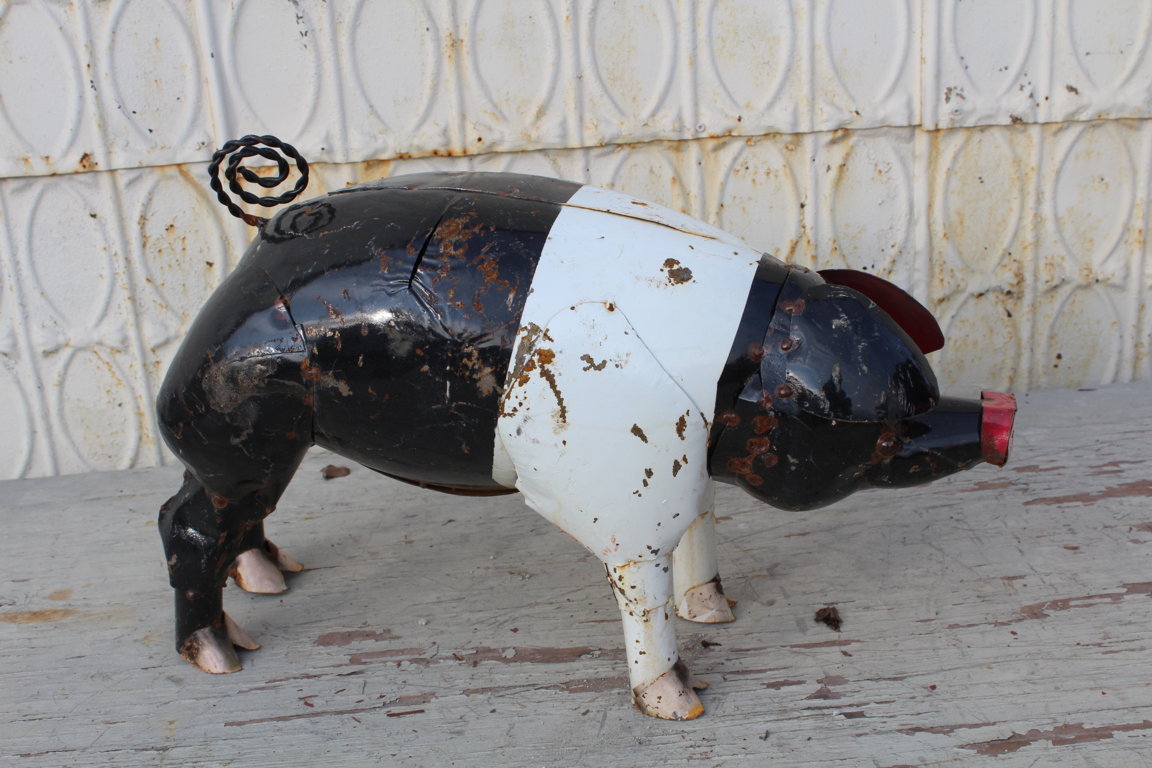 14" Metal Pig Yard Art - Black and White Saddleback Pig