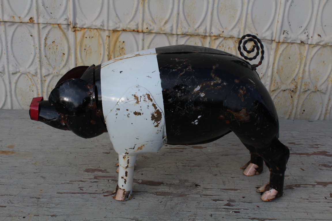 14" Metal Pig Yard Art - Black and White Saddleback Pig