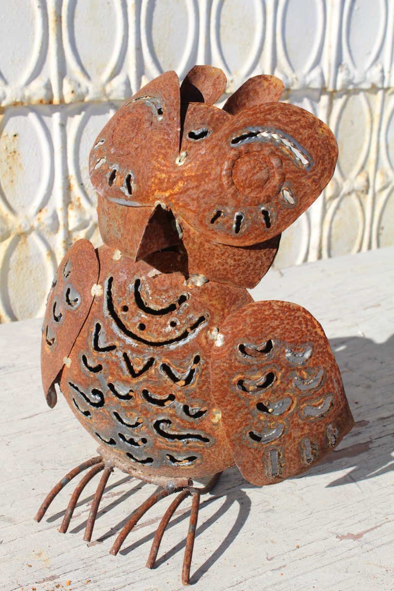 15" Small Rustic Metal Owl Bird Sculpture Yard Decor