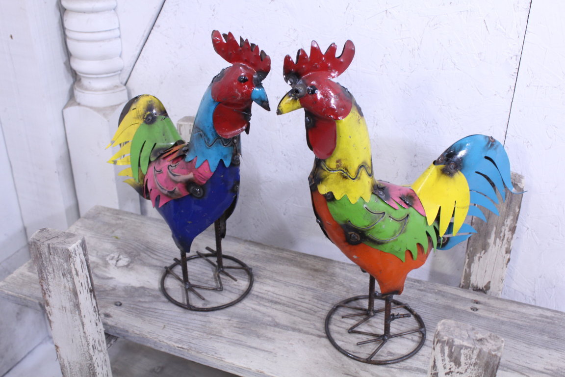 17" Metal Colorful Rooster Bird Yard Art
