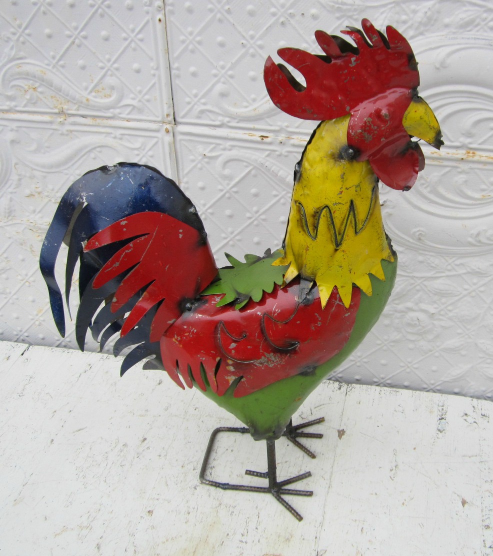 17" Metal Rooster Outdoors Yard Art Statue
