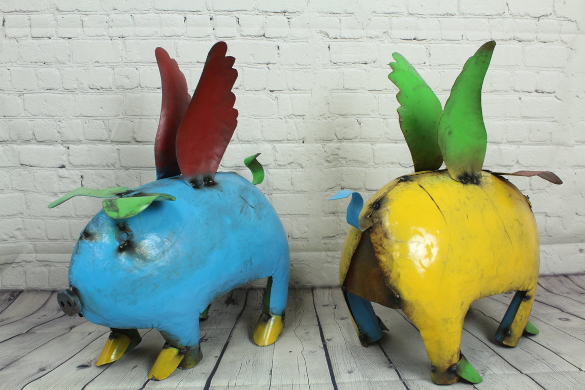 20" Recycled Metal Flying Pig - Round Body - Yard Art