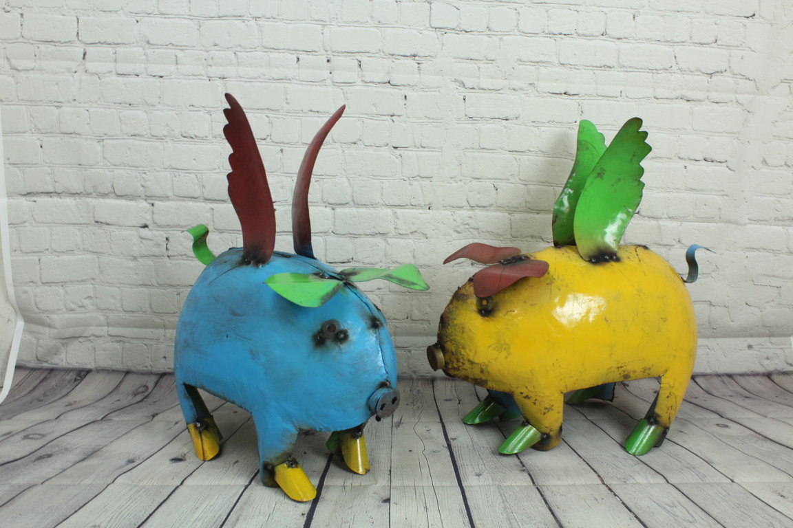 20" Recycled Metal Flying Pig - Round Body - Yard Art