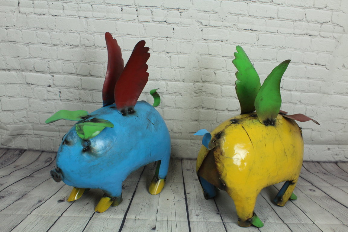 20" Recycled Metal Flying Pig - Round Body - Yard Art