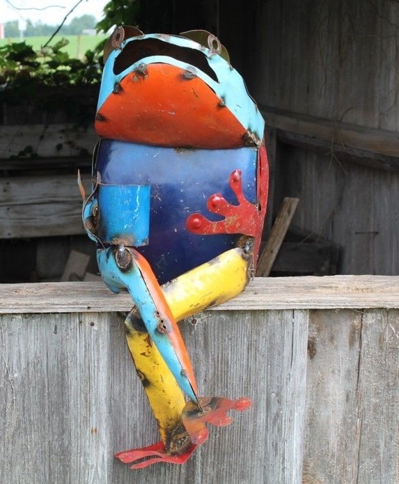 26" Large Recycled Metal Fernando Frog Holding a Cup Lawn Decor