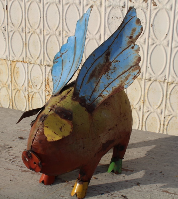 27" XL Recycled Metal Flying Pig Lawn Decoration