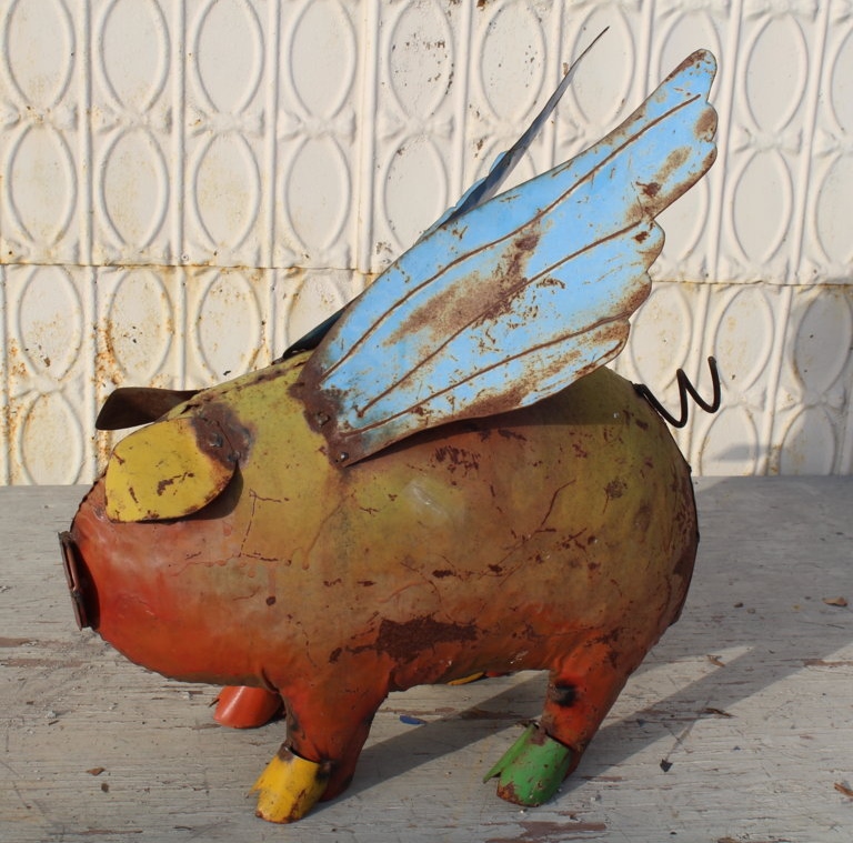 27" XL Recycled Metal Flying Pig Lawn Decoration