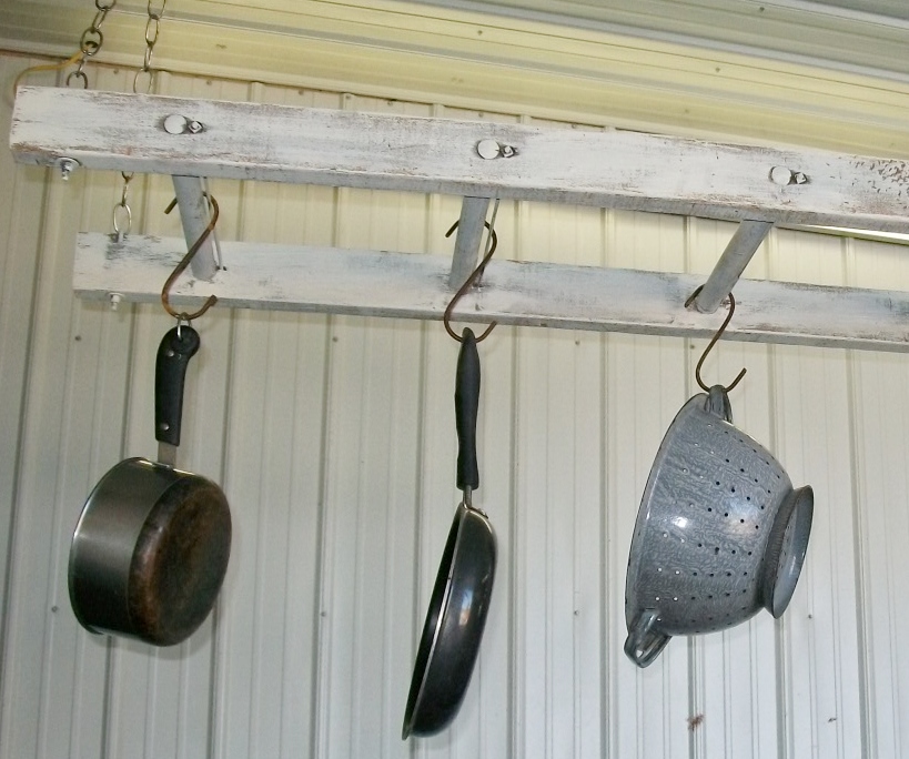 3 Rung Pot Rack using Vintage Ladder - Laundry Organizer