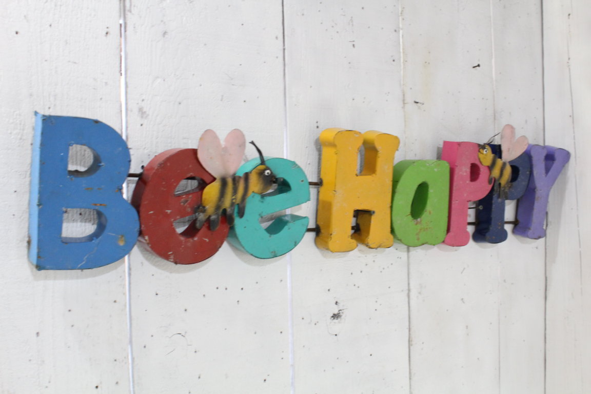 47" Recycled Metal Bee Happy Sign Decorative Wall Art