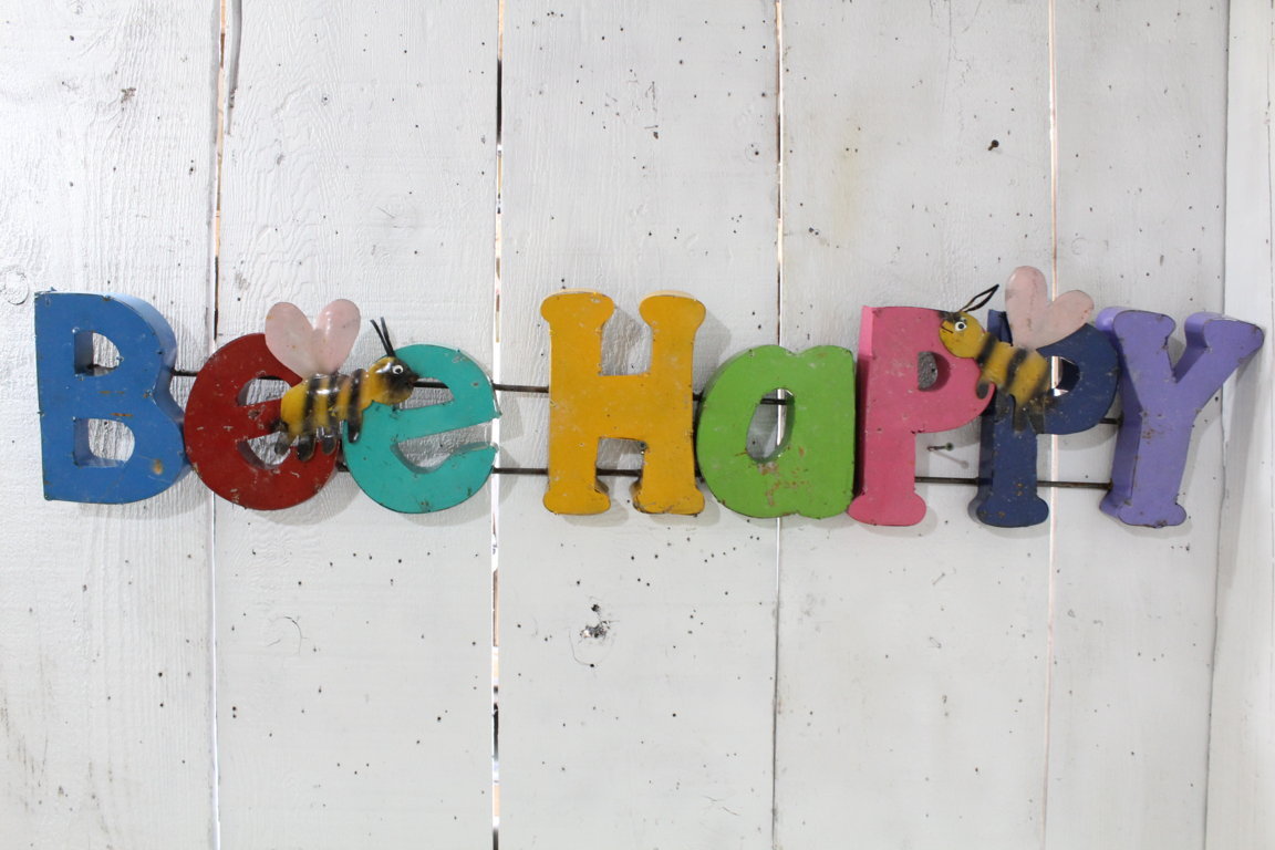 47" Recycled Metal Bee Happy Sign Decorative Wall Art