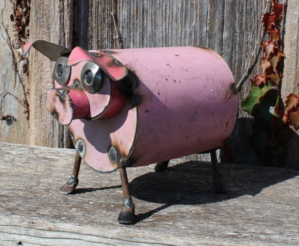 6" Small Recycled Metal Soup Can Pig Yard Ornament