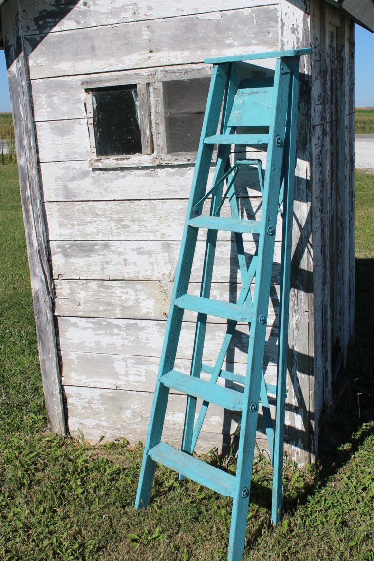 64" Old Vintage Wooden Turquoise StepLadder For Home Decor