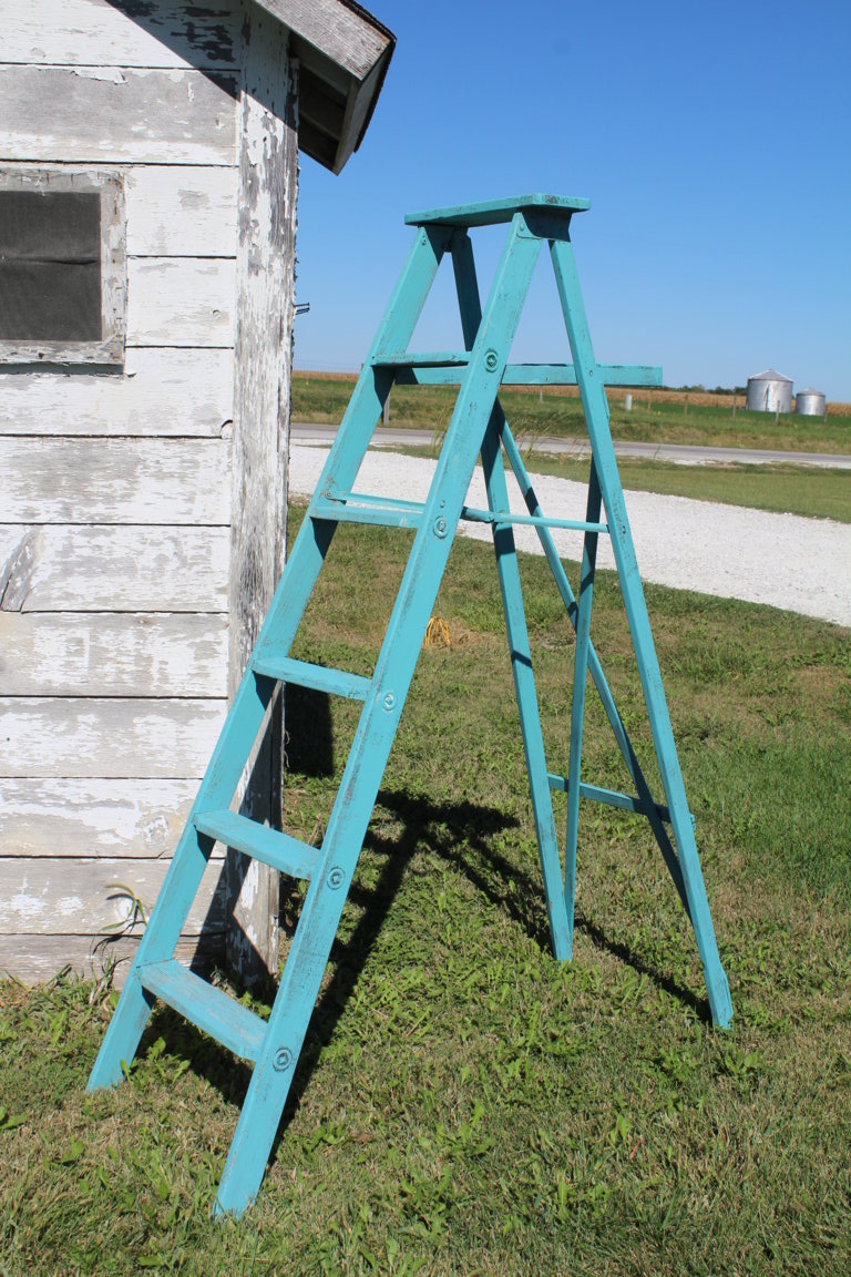 64" Old Vintage Wooden Turquoise StepLadder For Home Decor