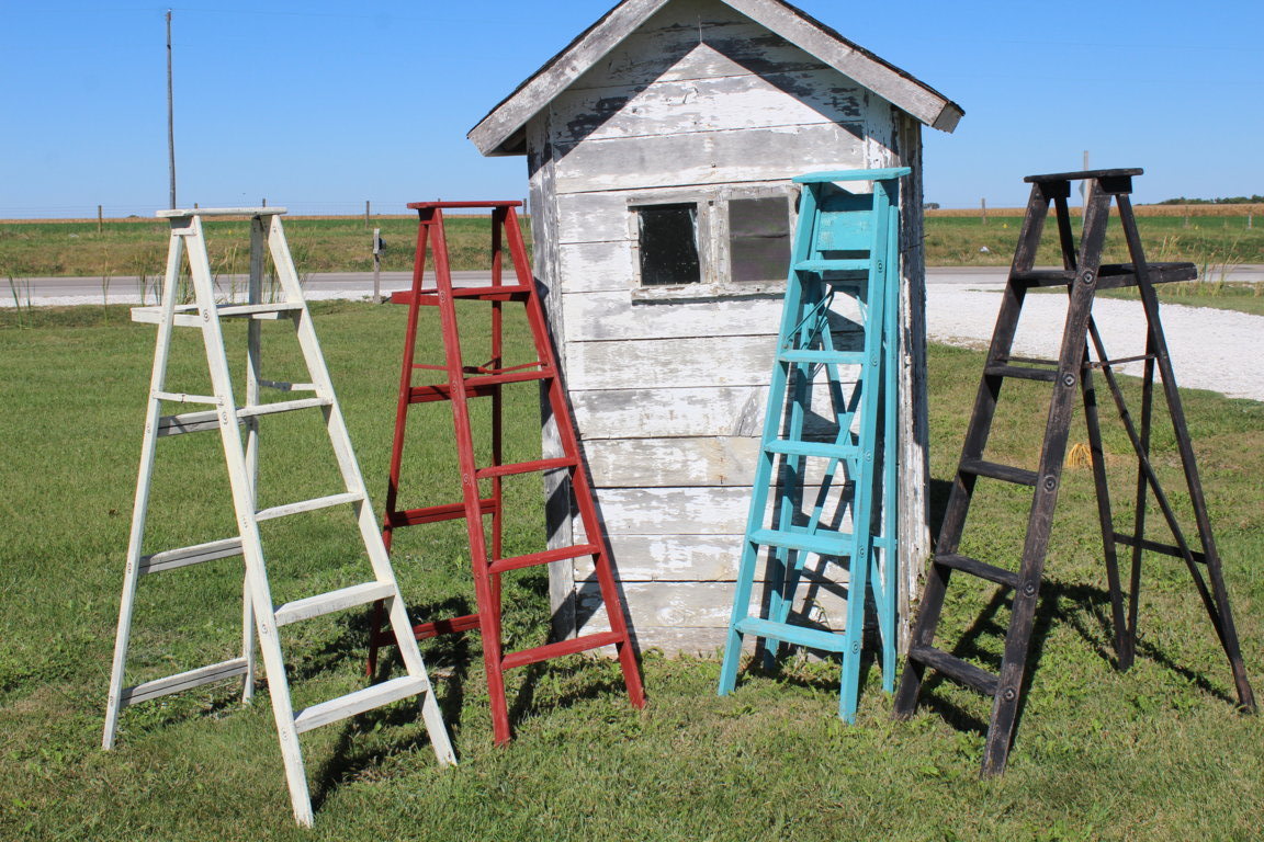 64" Old Vintage Wooden Turquoise StepLadder For Home Decor