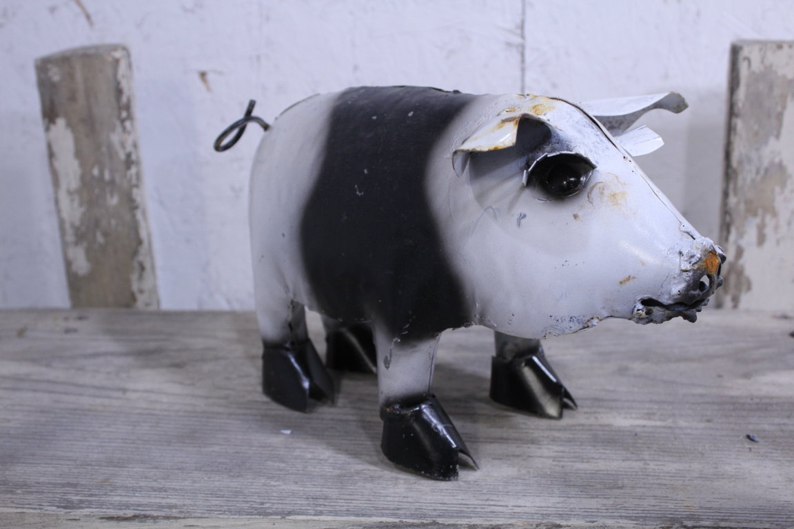 8" Small Black and White Metal Pig Swine Yard Decoration