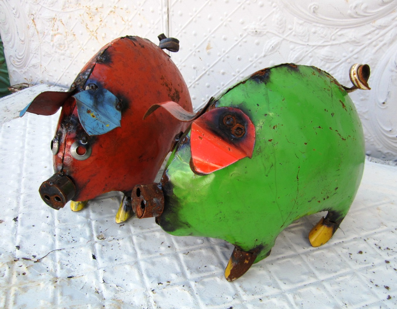 8" Small Metal Pig Yard Art - Recycled Metal Art - Garden Ornament