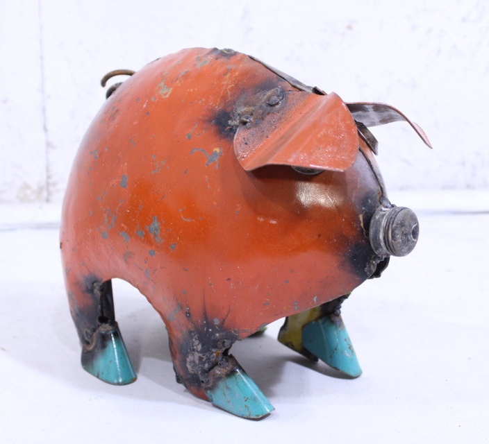 8" Small Metal Pig Yard Art - Recycled Metal Art - Garden Ornament