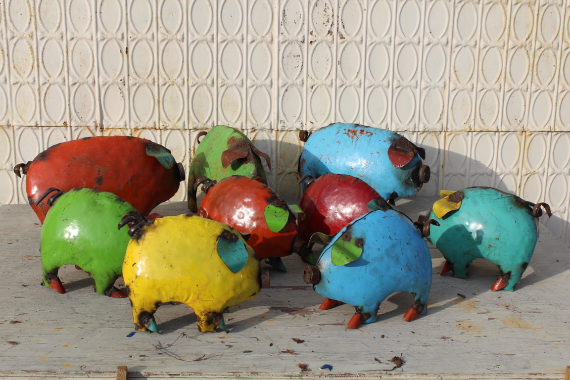 8" Small Metal Pig Yard Art - Recycled Metal Art - Garden Ornament