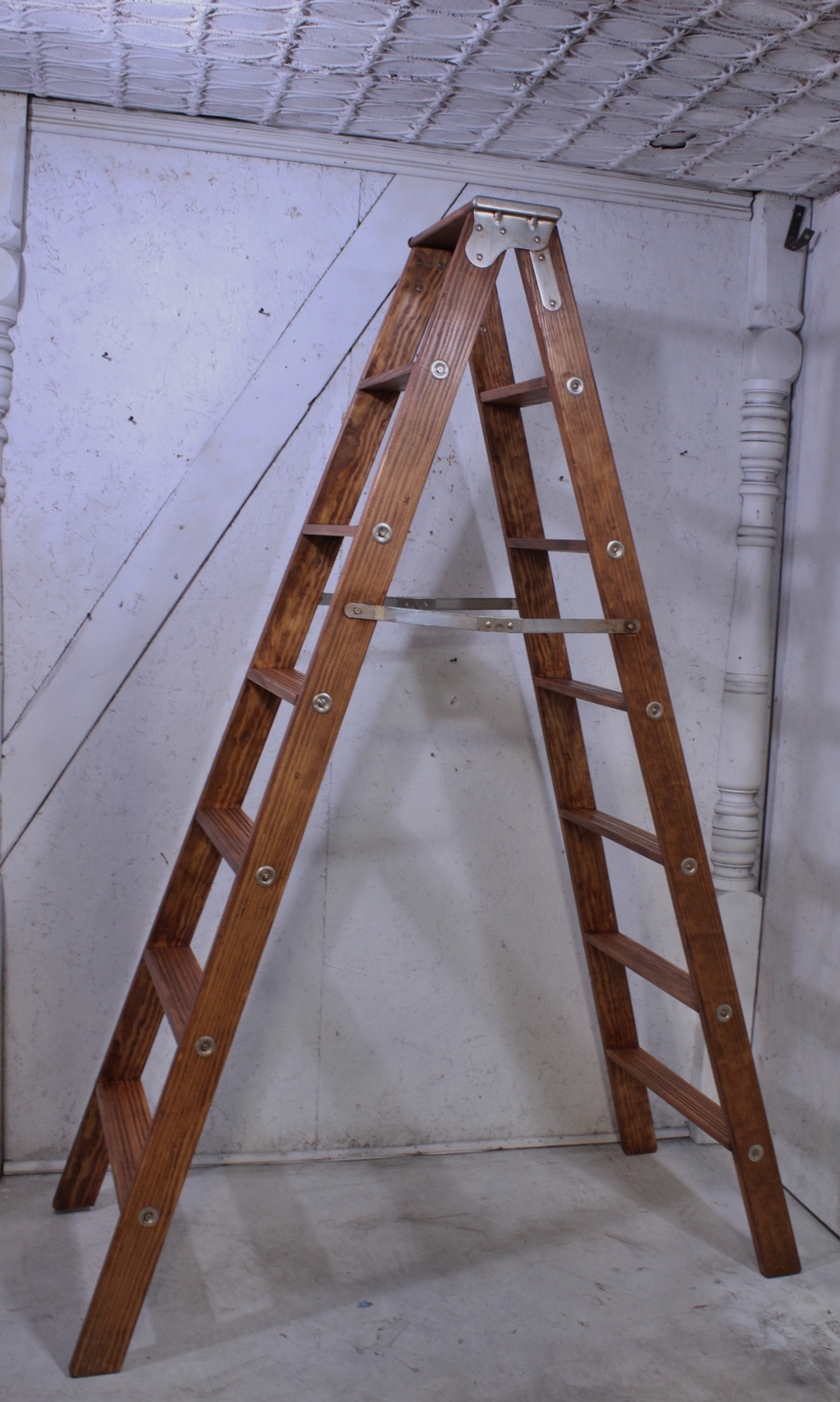 80" Stained Double Wood Ladder Shelf - Rustic Wood Storage