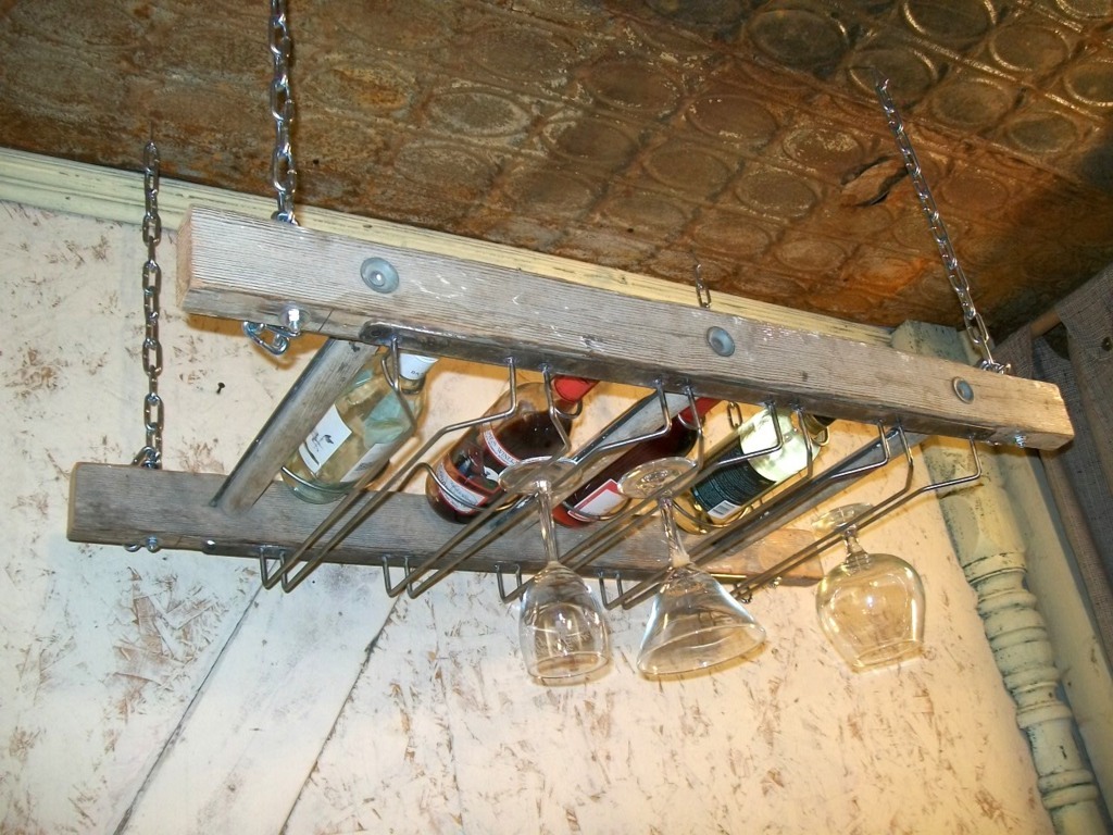 Antique Ladder Wine Rack for Ceiling - 4 Bottles - 3 Rungs