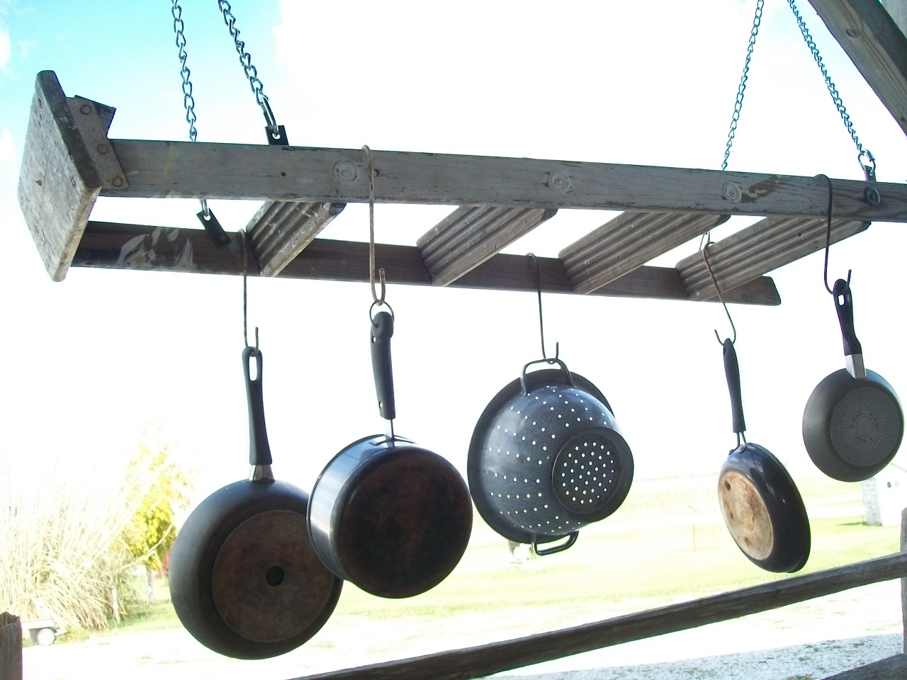 Rustic Wood 5 Step Ladder Pot Rack - Laundry Organization