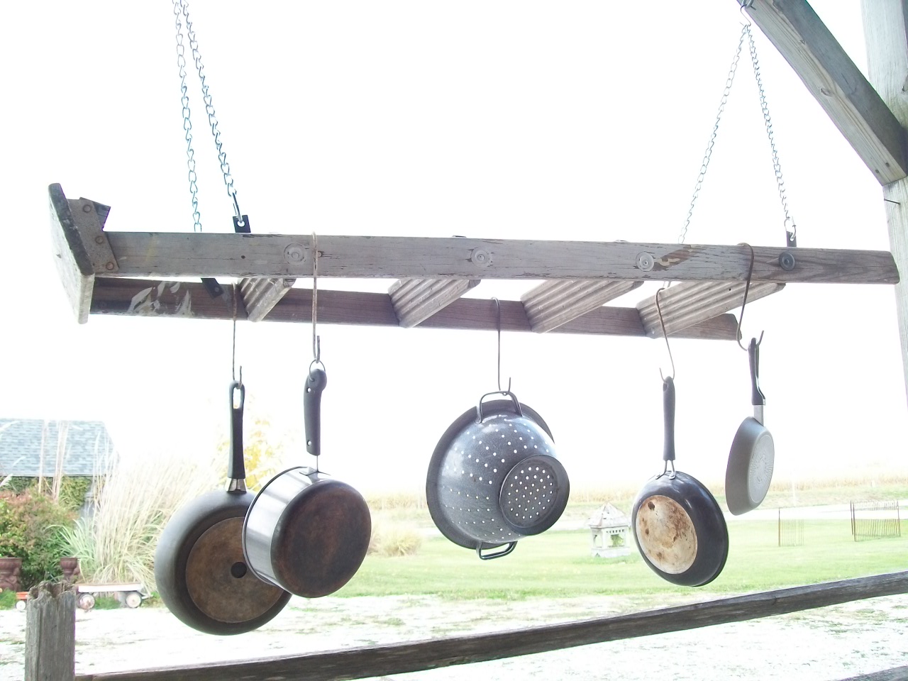 Rustic Wood 5 Step Ladder Pot Rack - Laundry Organization