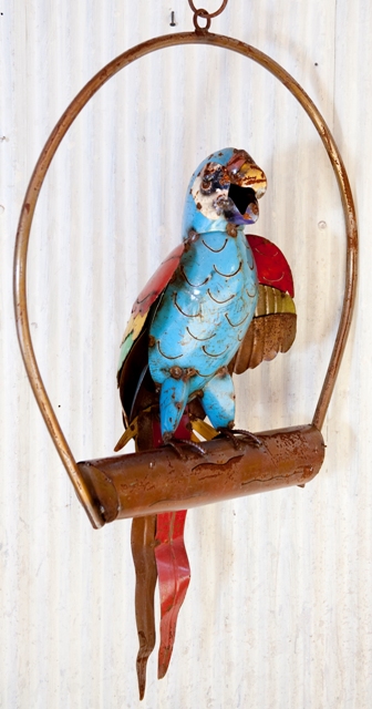 Hanging Colorful Parrot Yard Ornament - Recycled Tin Folk-art