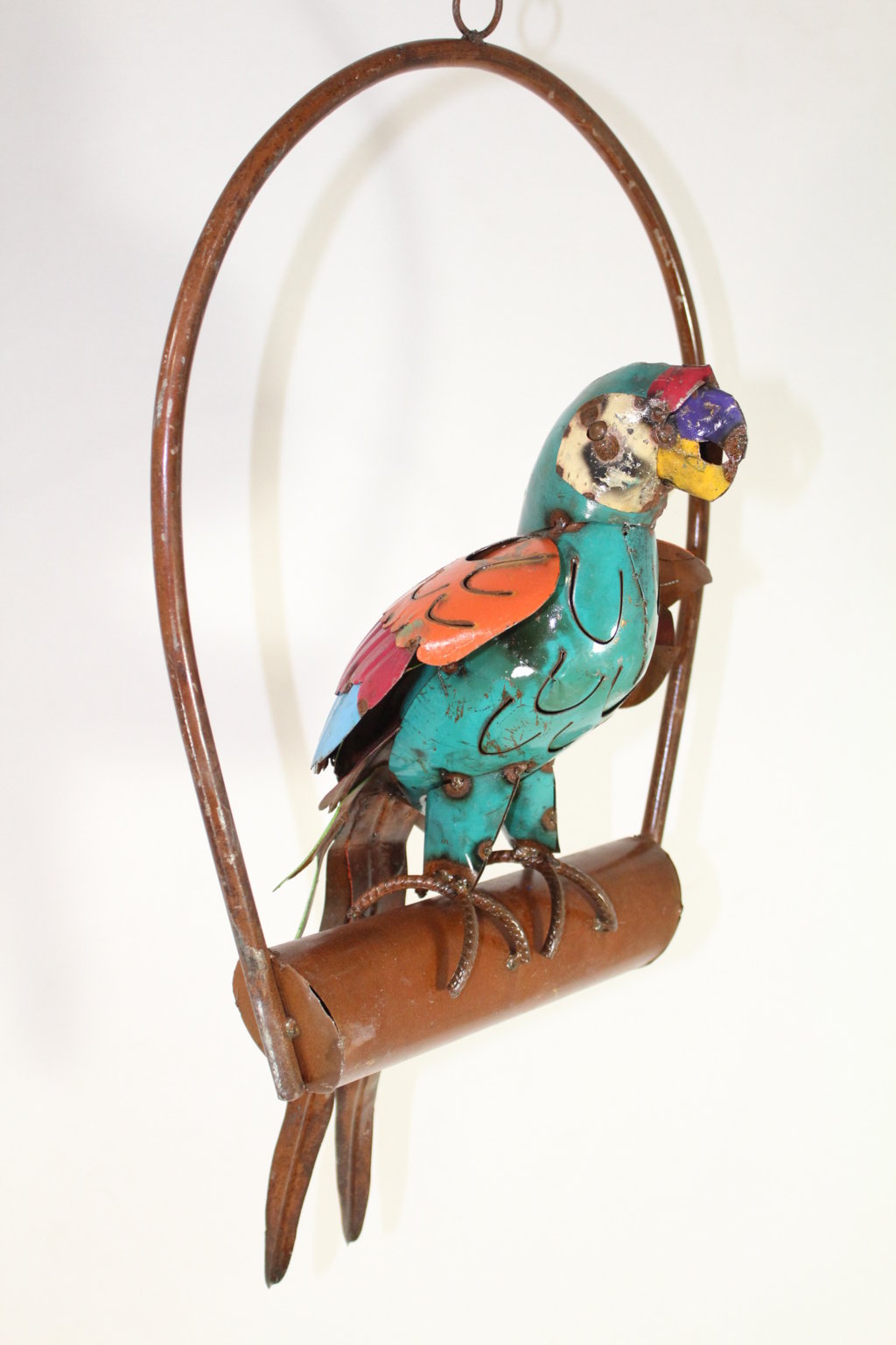 Hanging Colorful Parrot Yard Ornament - Recycled Tin Folk-art