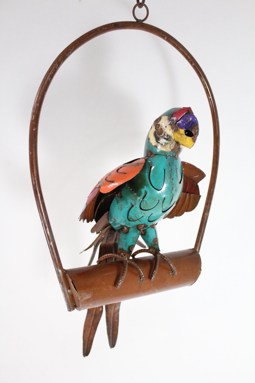 Hanging Colorful Parrot Yard Ornament - Recycled Tin Folk-art