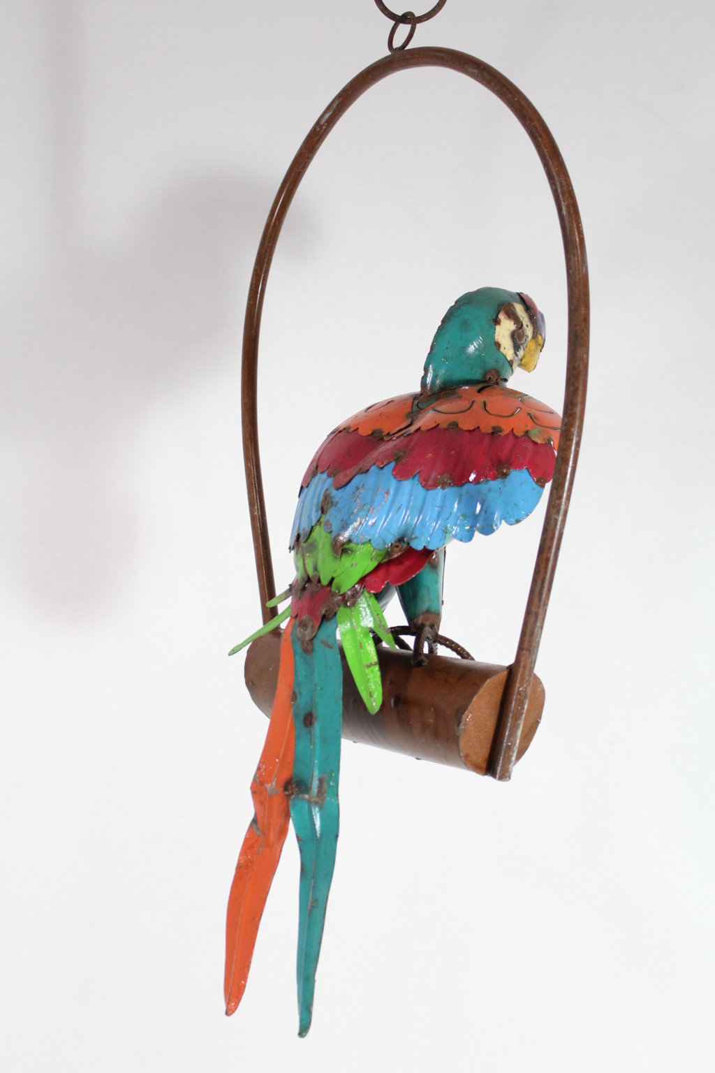 Hanging Colorful Parrot Yard Ornament - Recycled Tin Folk-art