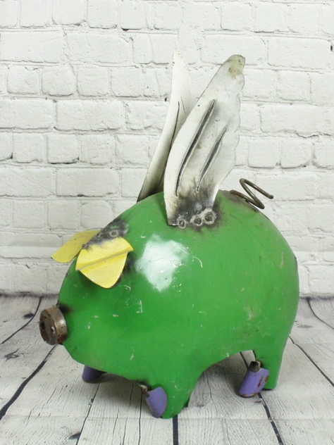 Large Flying Metal Pig Yard Art - Lawn Ornament