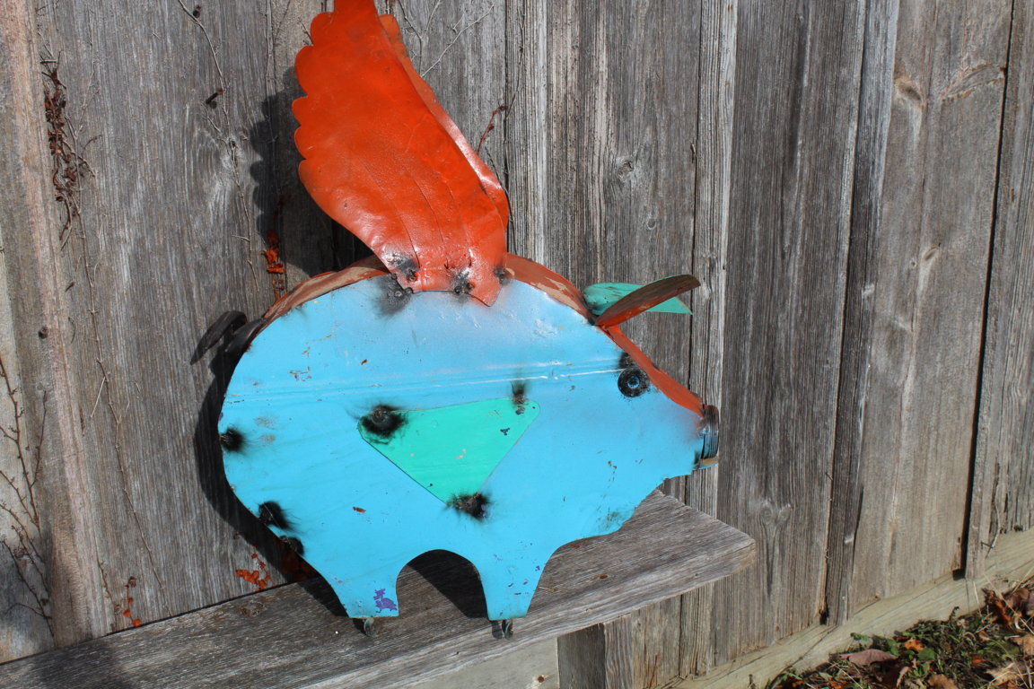 Large Recycled Metal Folk Art Flying Pig Yard Decor