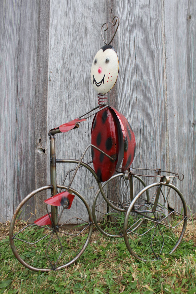 Metal Lenora Ladybug on Bike Decorative Yard Art Bug Decor